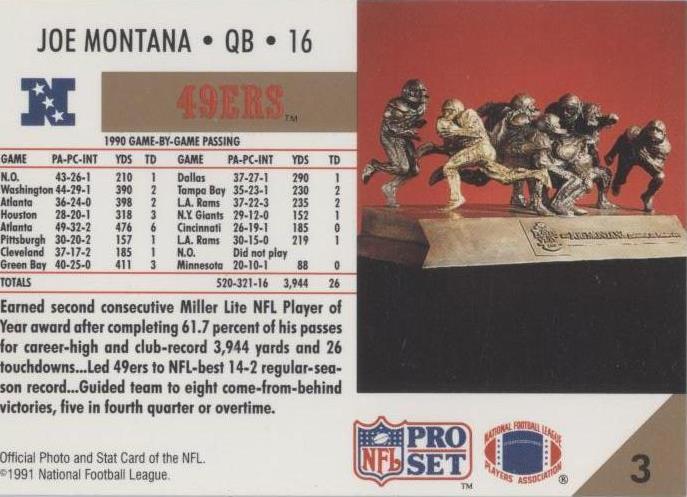 1991 Pro Set Joe Montana #3 for sale | eBay
