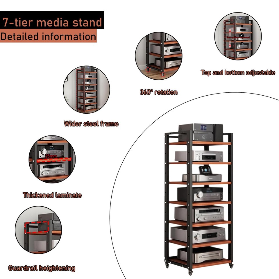 7 Tier Audio Rack Tower, CD Record Player Stereo Receiver AV Equipment ...