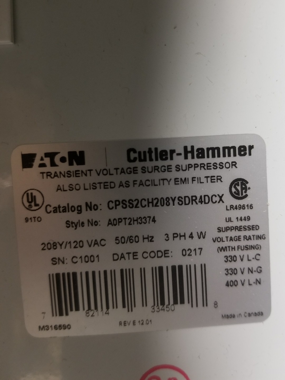 EATON CUTLER HAMMER CPSS2CH208YSDR4DCX Clipper Power System Surge ...