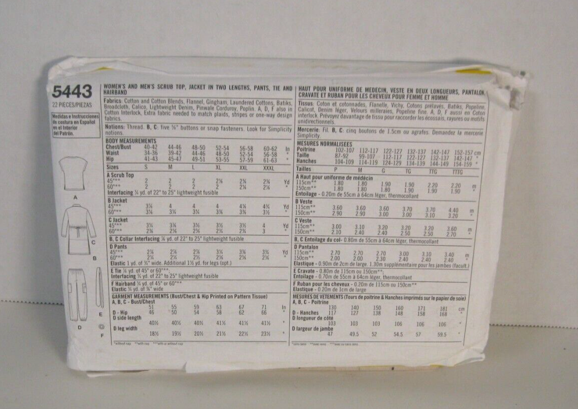 Simplicity Pattern 5443 Size Xl-xxxl Unisex Scrub Top Pants Jacket Tie ...