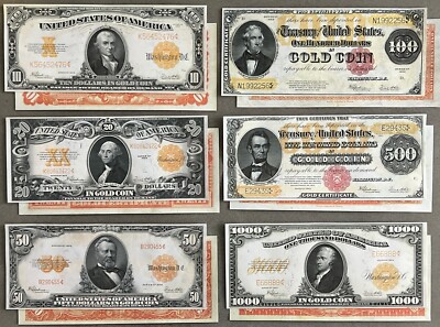 Reproduction Set 1922 Gold Certificates $10-$1000 USA Currency Copies ...