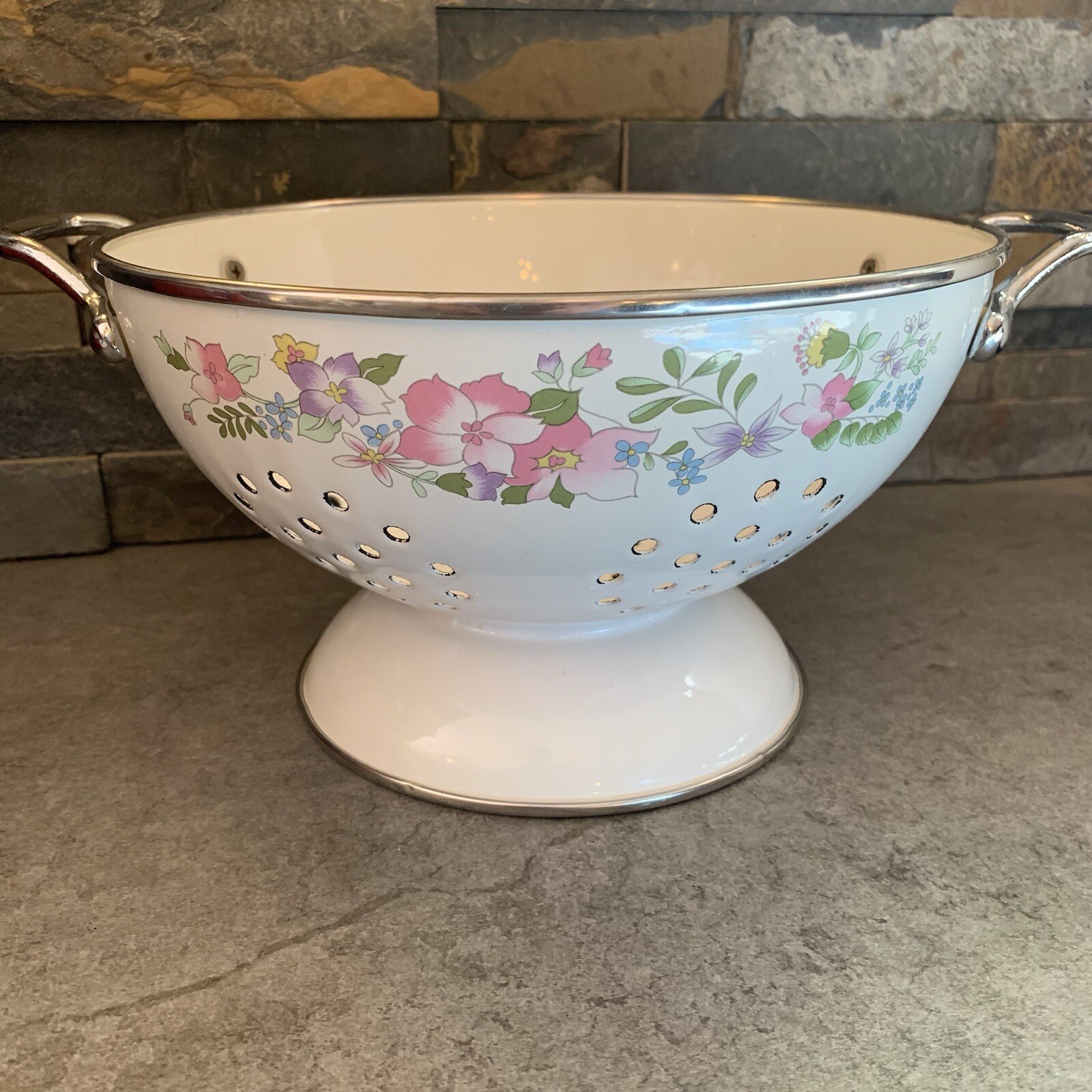 Enamel Colander Kobe White Pedestal Metal Strainer 9” Floral Cottage ...