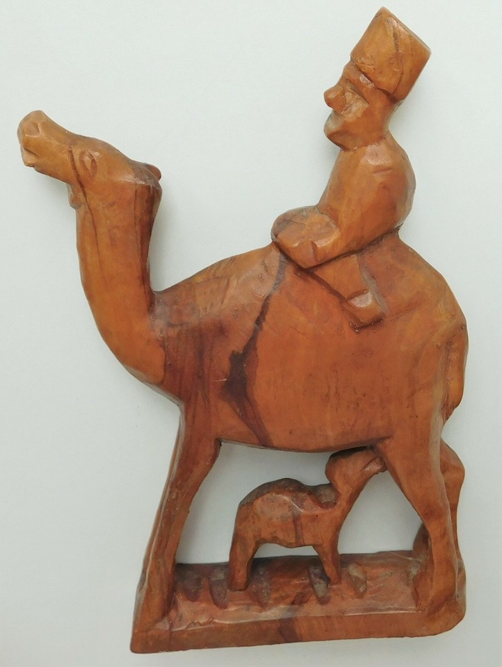Olive wood camel calf and rider Vintage carved Xmas crib ornament Holy ...