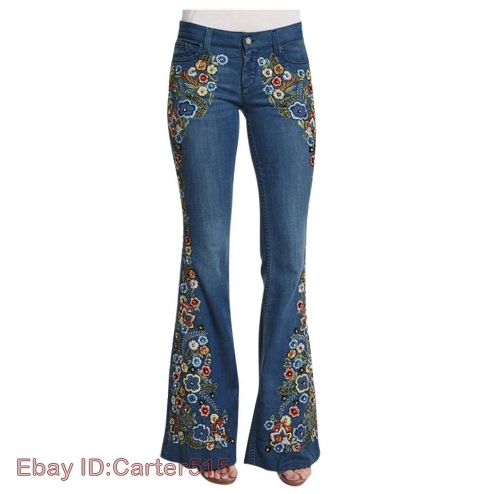 Women's High Waist Denim Jeans Stretch Bell Bottom Pants Flare Wide Leg ...