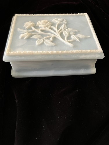 Incolay Light Blue Stone Jewelry Trinket Box White Roses. Loose Lid ...