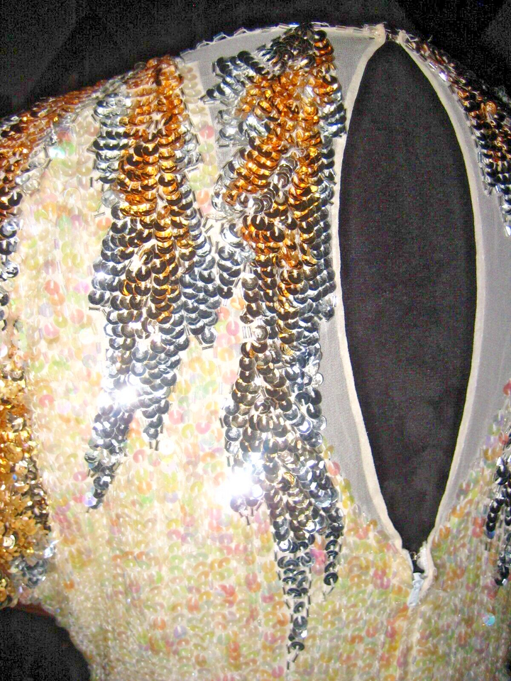 Vintage 1980 cream sequins/beads jagged sleeves/hem mesh neckline ...