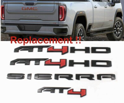 4PCS Matte Black Red HD AT4 Emblem Sierra Letters Fit GMC Sierra 2500HD ...