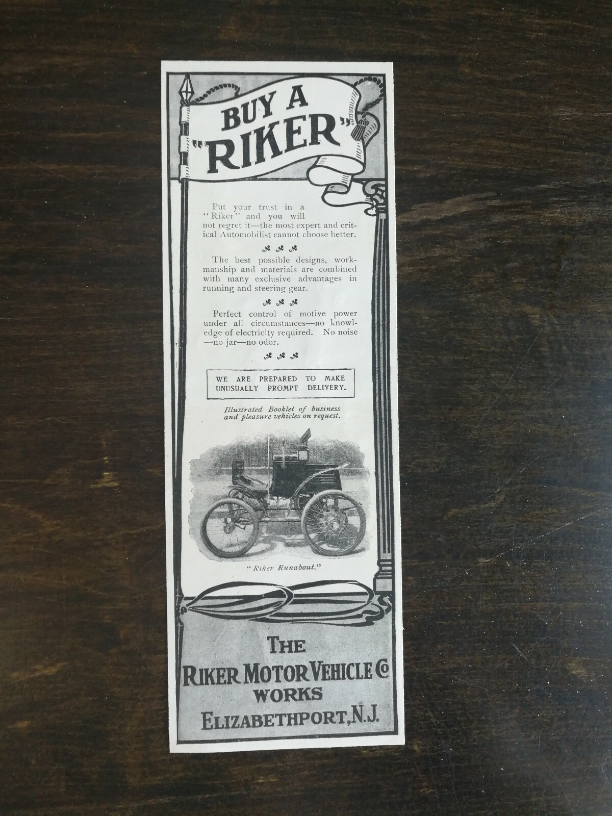 Vintage 1900 The Riker Motor Vehicle Company Riker Runabout Original Ad ...