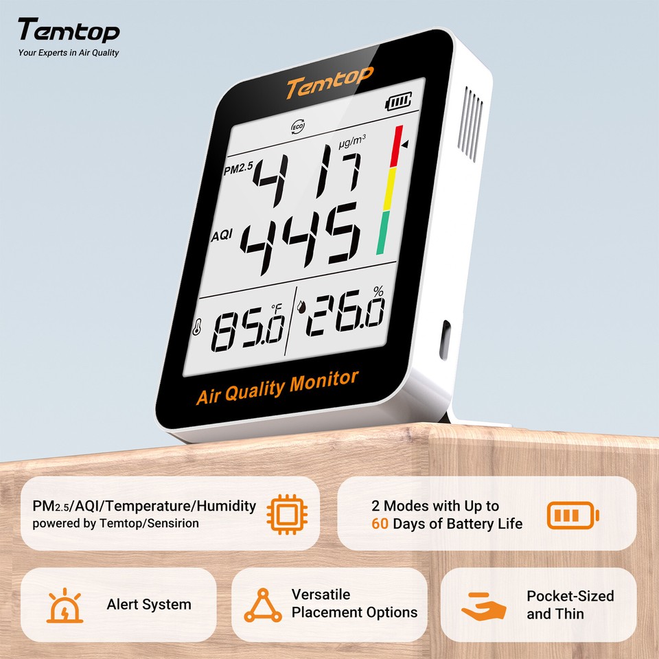 Temtop S1-UP Air Quality Monitor Portable AQI PM2.5 Temperature ...