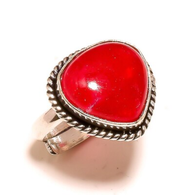 Red Ruby Cabochon Pear Gemstone Handmade Rope Bezel Red Ring-7.5 with ...