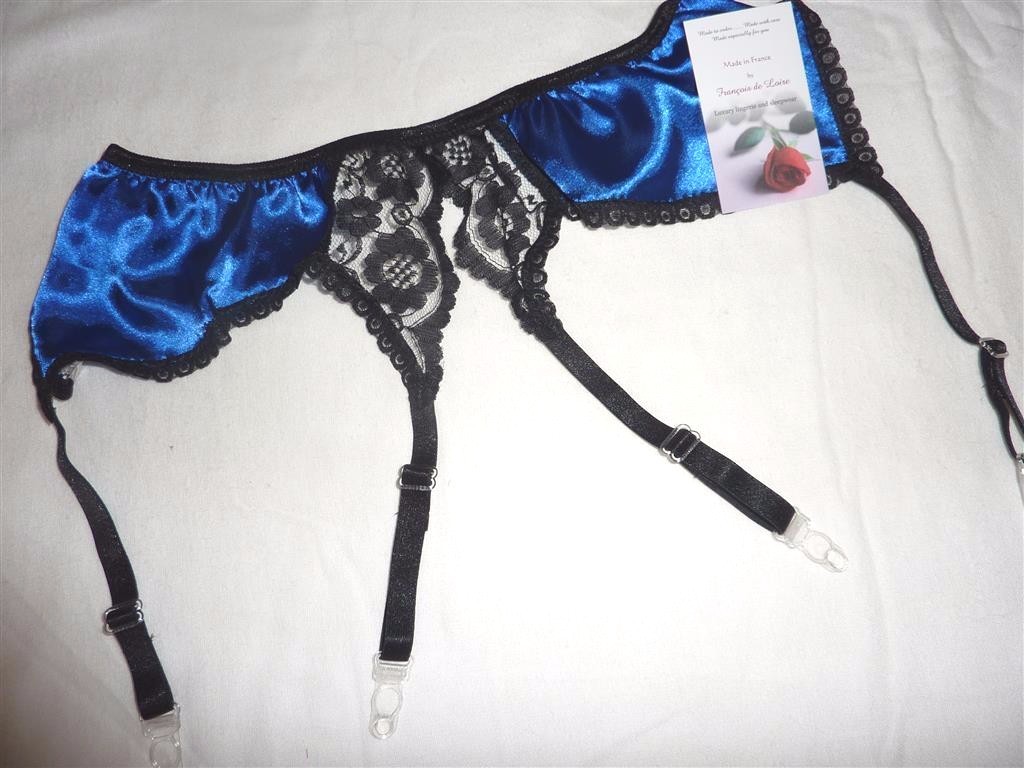 ROYAL BLUE shiny SATIN 4 strap garter SUSPENDER BELT black lace Made in ...
