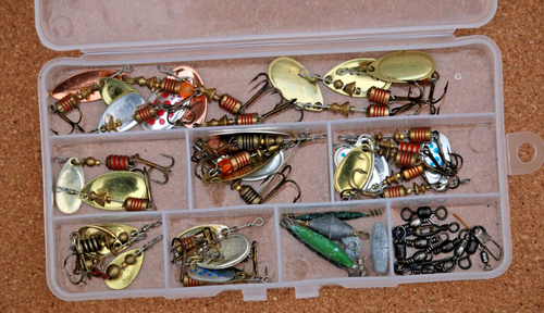 Tackle Box with collection of c.28 small Mepps lures; Aglia,Aglia Long ...