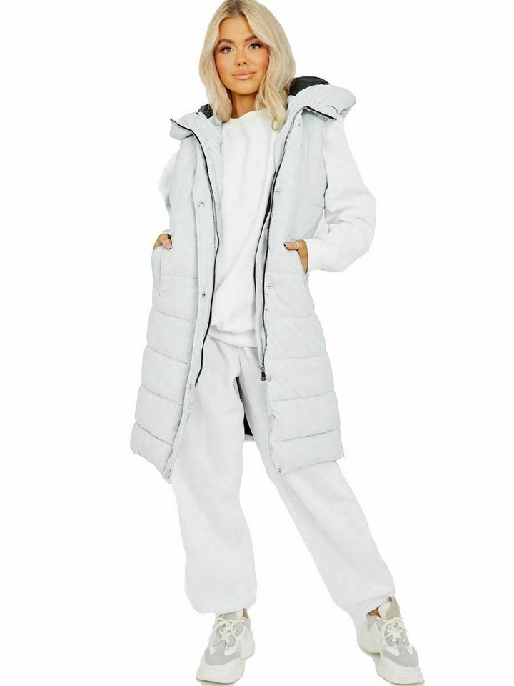 Ladies Women's Hooded Puffer Gilet Jacket Long A-Line Padded Coat Body ...