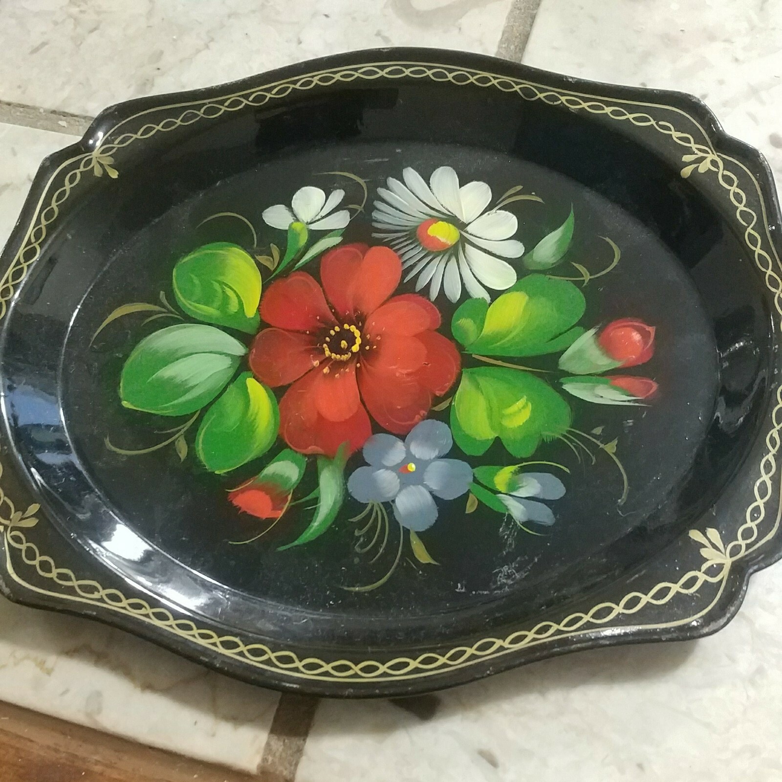 Floral serving tray tole painted metal Zhostovo vintage-Soviet-era ...