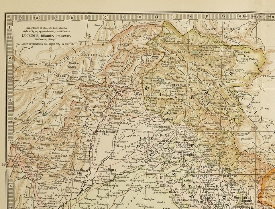 1903 ANTIQUE MAP NORTHERN INDIA NEPAL KASHMIR RAJPUTANA CALCUTTA HUGLI ...