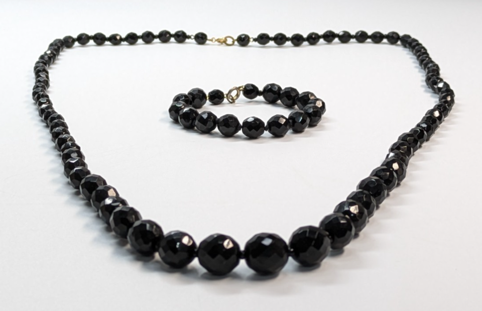 VTG French Jet Black Glass Faceted Beaded Graduated Necklace & Bracelet ...