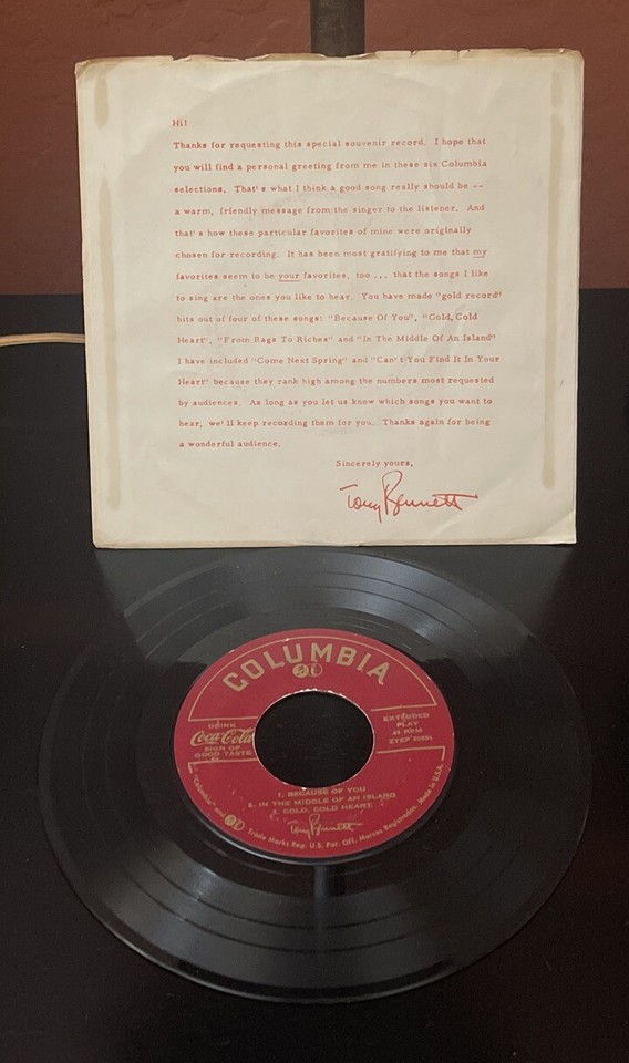 Tony Bennett 7” Vinyl Autographed Edition Of Hits EP 45 RPM Coca Cola ...