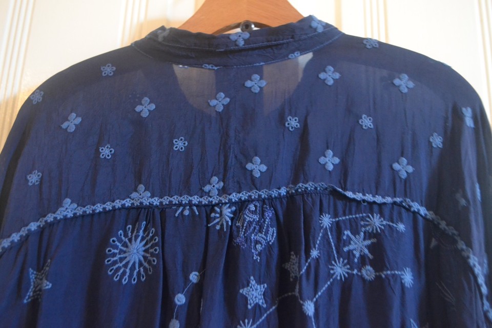 BLUE EMBROIDERED 3/4 SLEEVE A LINE SHIRT DRESS BY JOHNNY WAS ~ L | eBay