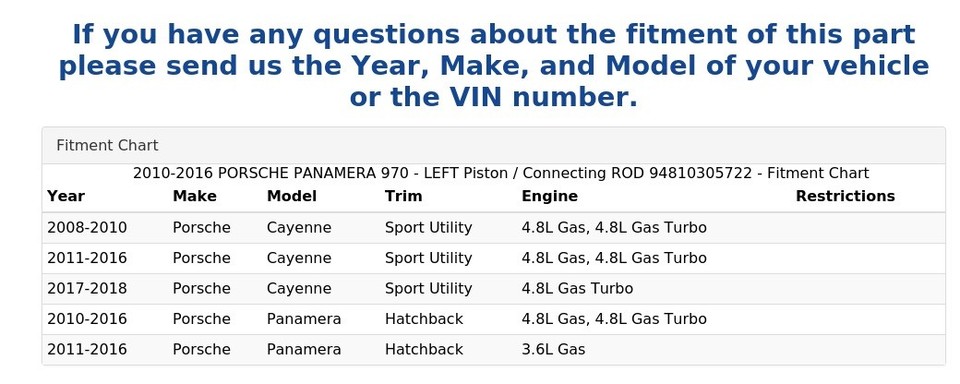 2010-2016 PORSCHE PANAMERA 970 - LEFT Piston / Connecting ROD ...
