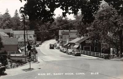 SANDY HOOK, NEWTOWN, CT, MAIN ST, STORES, SIGNS, BRIDGE, CARS, RPPC c ...