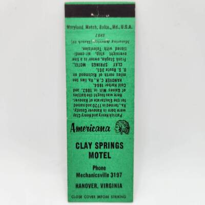 Vintage Matchbook Clay Springs Motel Hanover Virginia Americana | eBay