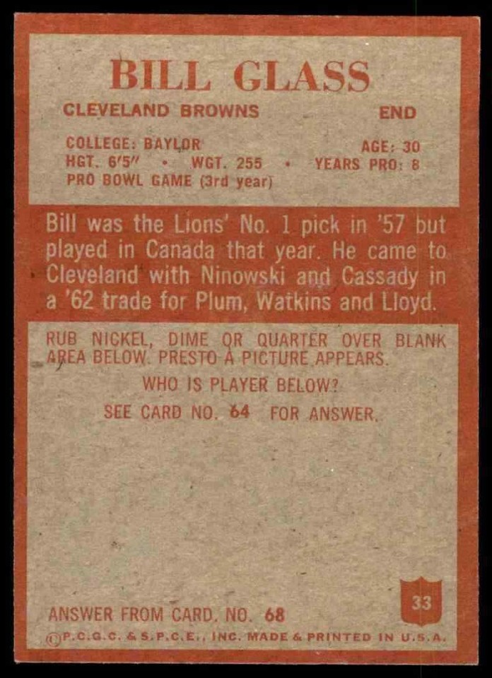 1965 Philadelphia #33 Bill Glass Cleveland Browns / Baylor Bears (B) | eBay