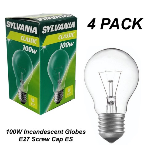 4 x 100W Incandescent Light Globes Bulbs E27 Screw ES Warm White ...