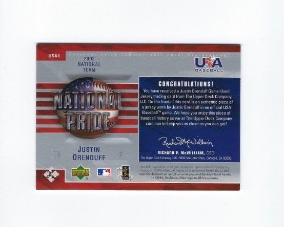 2004 UD NATIONAL PRIDE JUSTIN ORENDUFF GAME JERSEY #USA1 CARD UPPER ...