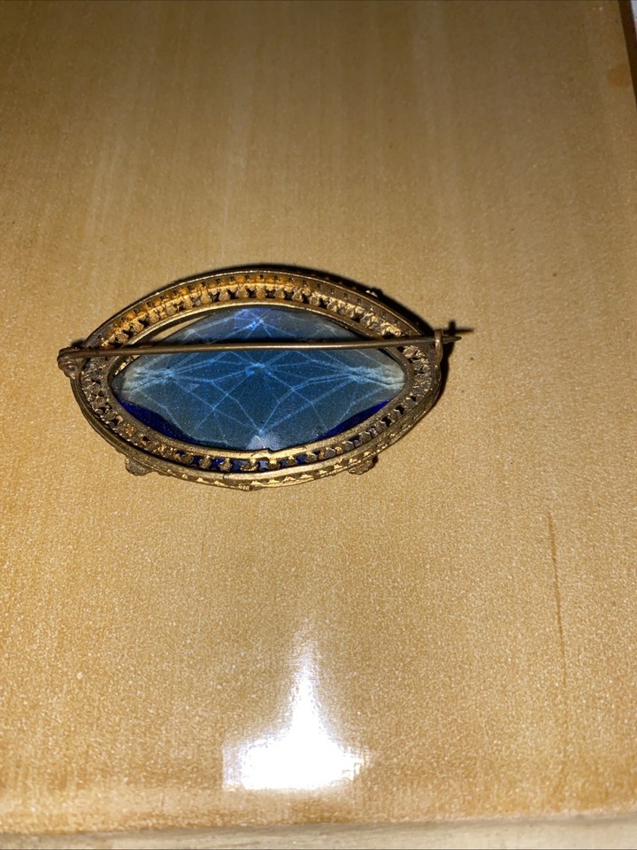 Vintage Art Nouveau Ornate Large Oval Blue Glass Brooch Brass Pin | eBay