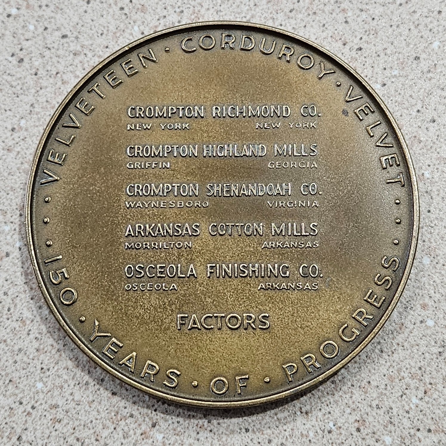 1807-1957 150th Anniversary Crompton Company 2.75" Bronze Medallion ...