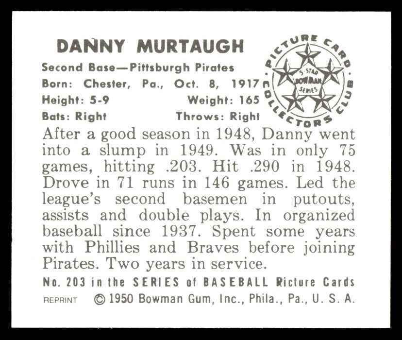 1984 1950 Bowman Reprint Glossy Danny Murtaugh Pittsburgh Pirates #203 ...