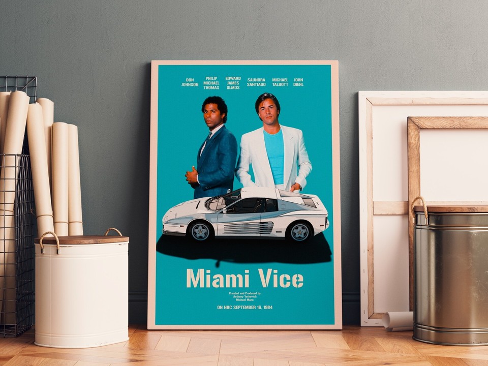 Miami Vice White Testarossa - Crockett & Tubbs Canvas Framed A3 12x16 ...