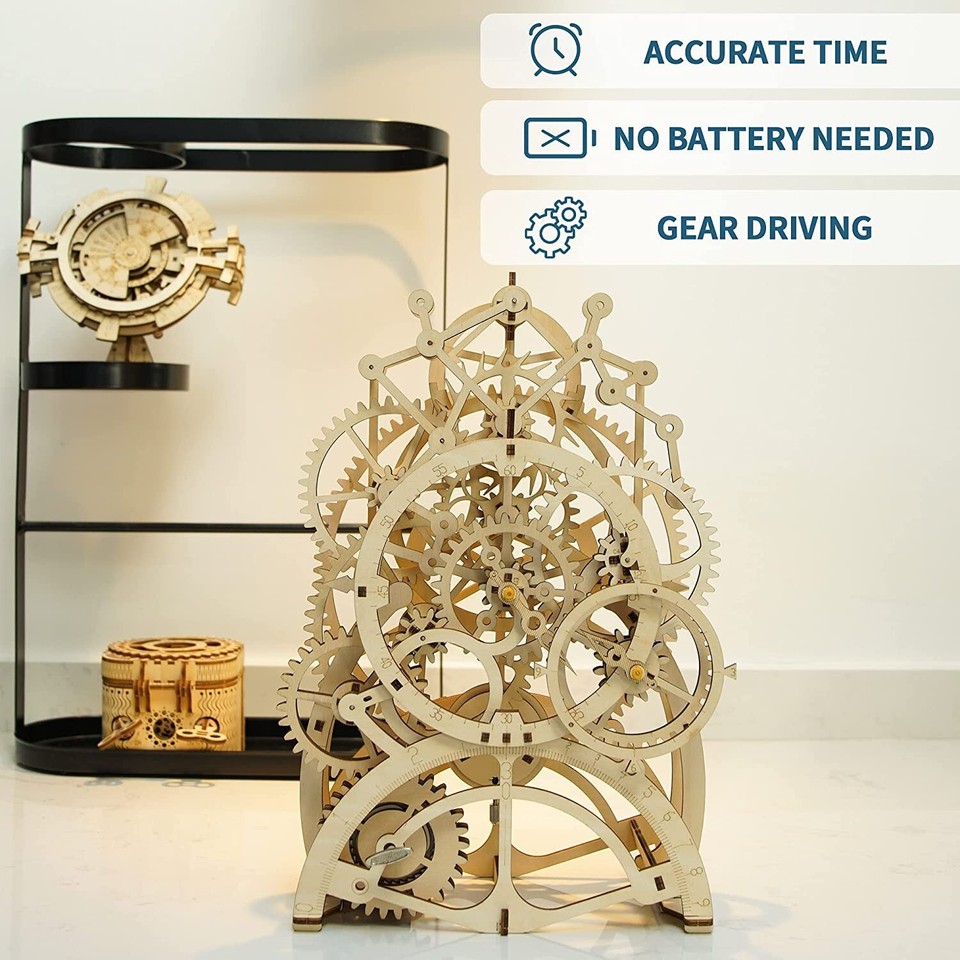 ROKR Laser-Cut Pendulum Clock Model Kit Mechanical Wooden Gear 3D ...
