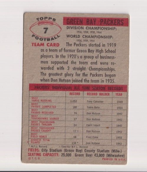 GREEN BAY PACKERS TEAM CARD 1956 TOPPS FOOTBALL #7 VINTAGE SPORTS CARD ...