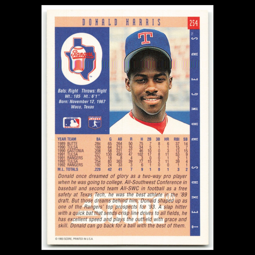 Donald Harris Rookie #254 1993 Score Texas Rangers Baseball Card MLB NM ...