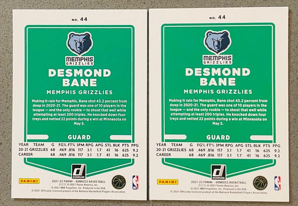2 Lot 2021-22 Panini Donruss Basketball NBA #44 Desmond Bane Base Card ...