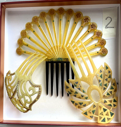 #2 3 Antique Art Deco Plastic Celluloid Fan Style Hair Combs with ...