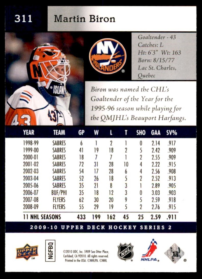 2009-10 Upper Deck Martin Biron New York Islanders #311 | eBay