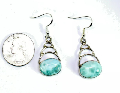 Natural sky Blue Larimar solid .925 Sterling Silver Dangle Earrings 1.9 ...