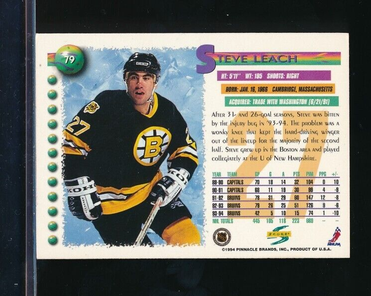 1994-95 Score Hockey #79 Stephen Steve Leach signed auto autograph ...