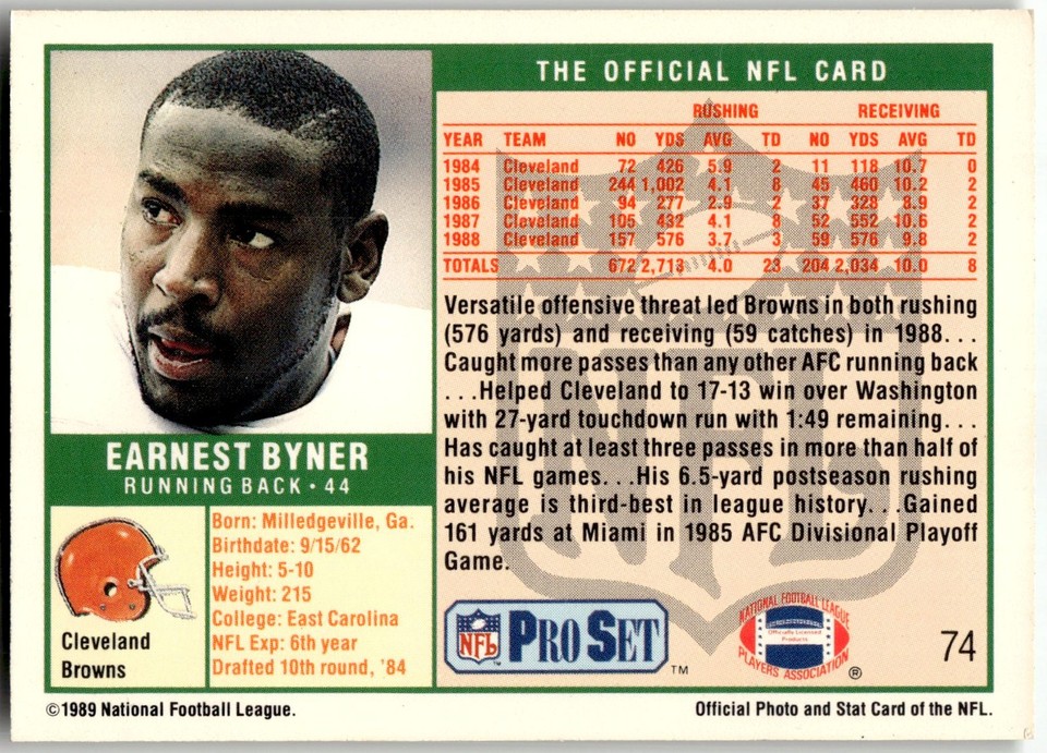1989 Pro Set #74 Earnest Byner Cleveland Browns NFL Football | eBay