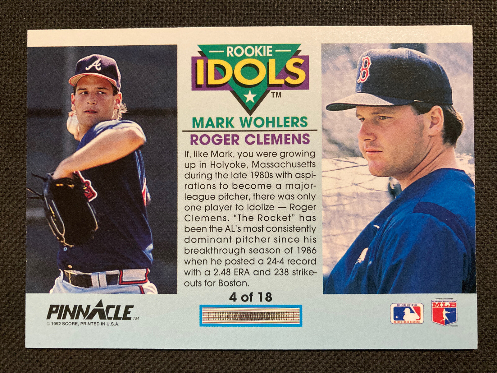 1992 Pinnacle Rookie Idols ROGER CLEMENS/MARK WOHLERS Insert Red Sox ...