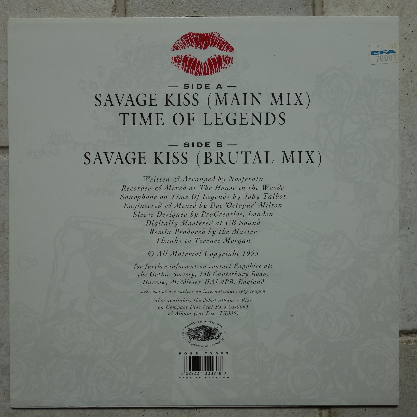 NOSFERATU ‎– Savage Kiss 12" Vinyl Possession Records ‎– POSS TX007 ...