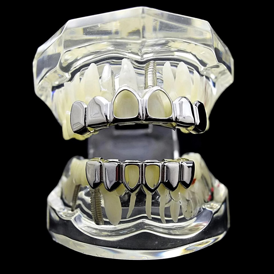 Two Open Face Front Teeth Grillz Set Silver Tone Top And Bottom Hip Hop ...