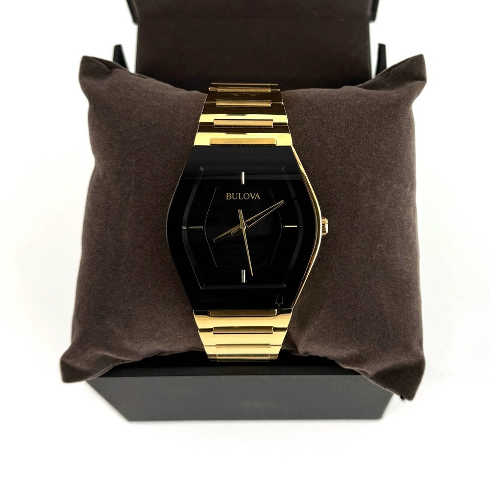 Bulova Gemini Stainless Steel Gold Tone Black Dial Men's Watch 97A164 ...