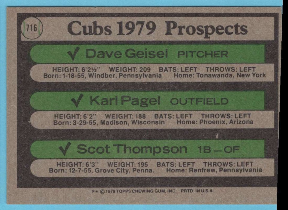 1979 Topps Cubs Prospects - Dave Geisel/Karl Pagel/Scot Thompson #716 ...