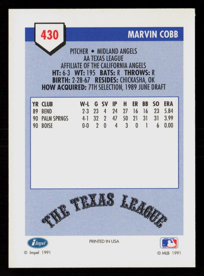 Marvin Cobb 1991 Line Drive AA #430 Midland Angels Baseball Card | eBay