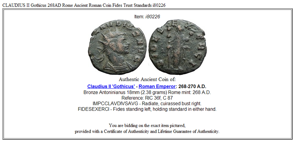 CLAUDIUS II Gothicus 268AD Rome Ancient Roman Coin Fides Trust ...