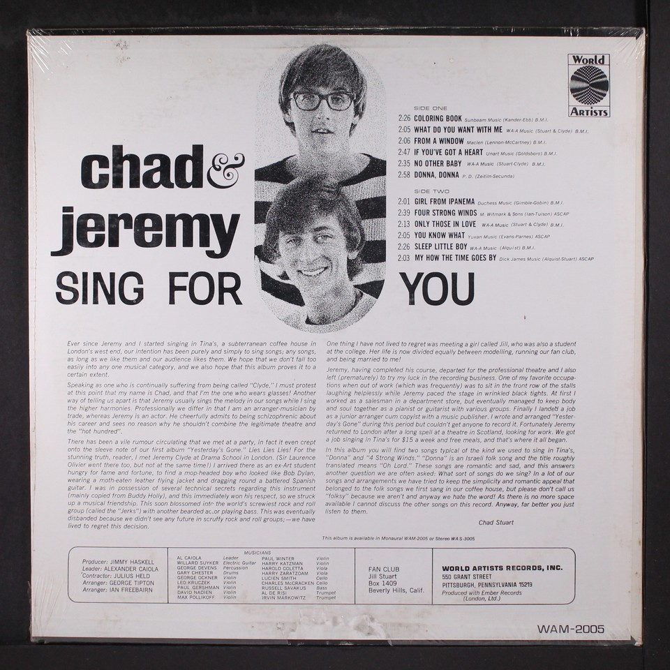 CHAD & JEREMY: chad & jeremy sing for you WORLD ARTISTS 12" LP 33 RPM ...