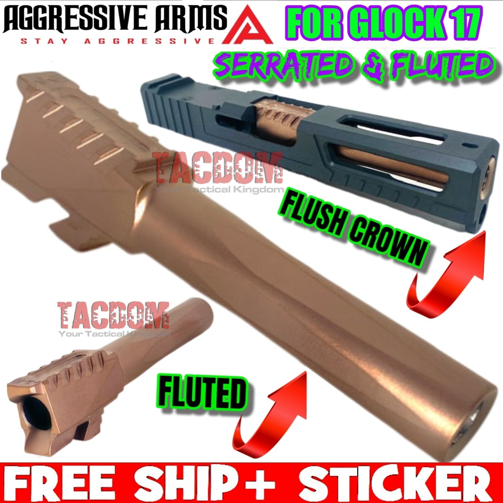 AGGRESSIVE ARMS SERRATED & FLUTED Barrel for GL0CK 17 GEN 1-4 ROSE ...